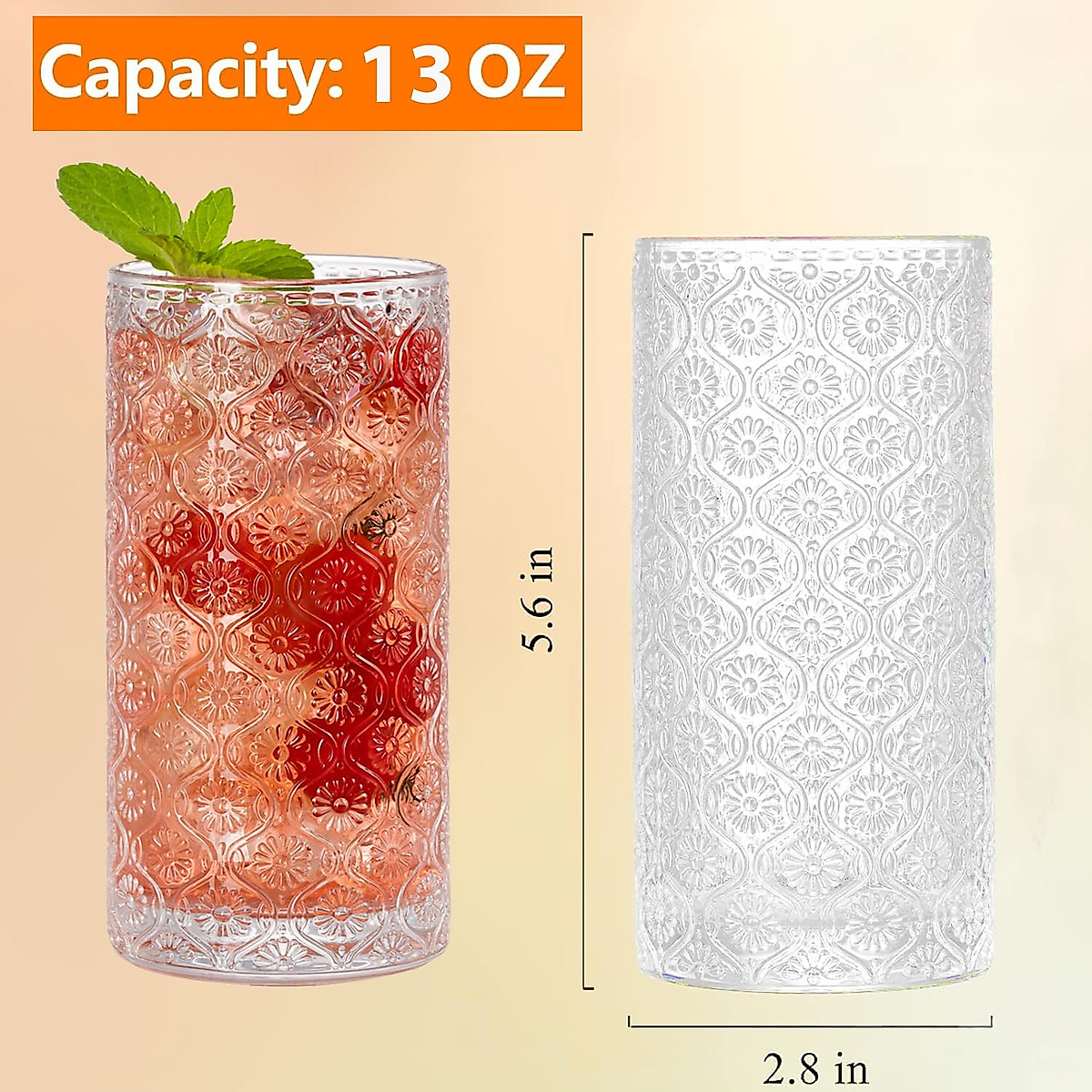 Vintage Glassware Highball Drinking Glasses - 13 Oz Cocktail Glasses Set of 6 Floral Glass Cups Embossed Cocktail Juice Water Coffee Cups - Lead-Free & Dishwasher Safe - Ideal Gifts