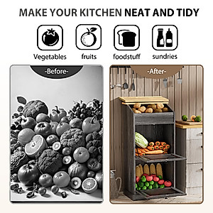 ONG Potato Storage Bins Sets of 2, Wooden Potato Bin Double Bread Storage, Decorative Potato and Onion Storage Bin Set 2, Wood Box with Grocery Section, Wooden Vegetable Storage with Lid,Grey