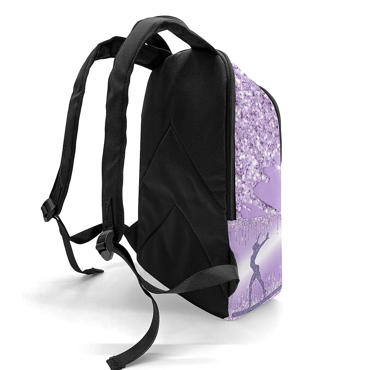 Personalized Name Violet Purple Glitter Print Girls Gymnastics Backpack Unisex Bookbag for Boy Girl Travel Daypack Bag Purse 17.7 IN