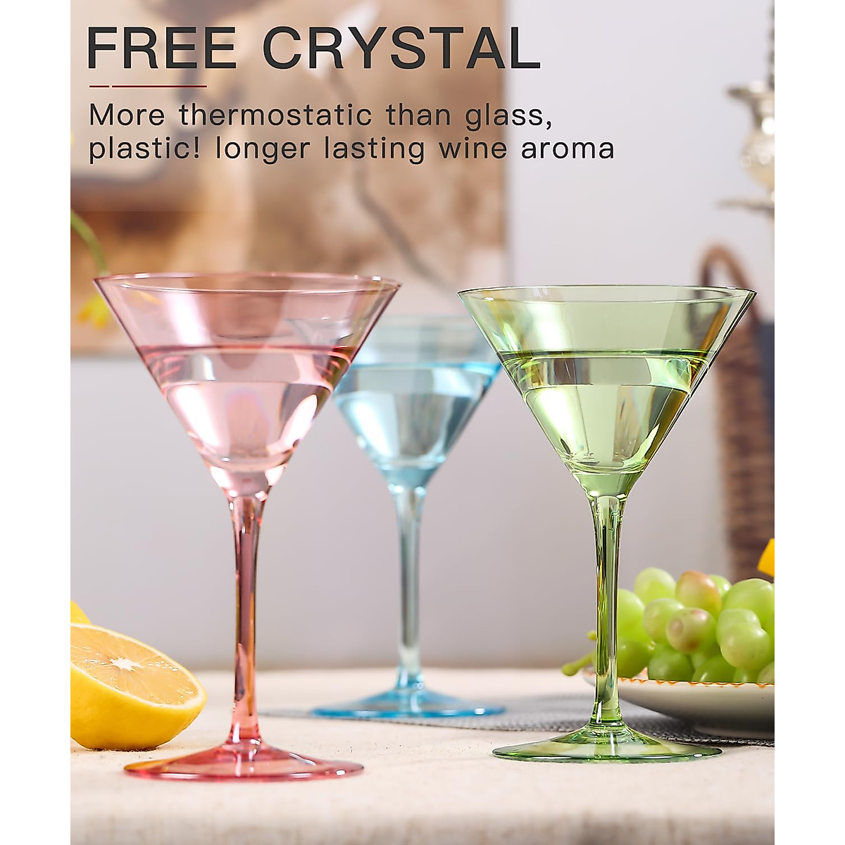 Physkoa Valentine's Day Gifts-Colored Martini Glasses Set | 7oz | Hand Blown Crystal Martini Glasses | Art Deco Cocktail Glasses Set | Versatile Tall Cocktail Glasses | Colorful Cocktail Glass