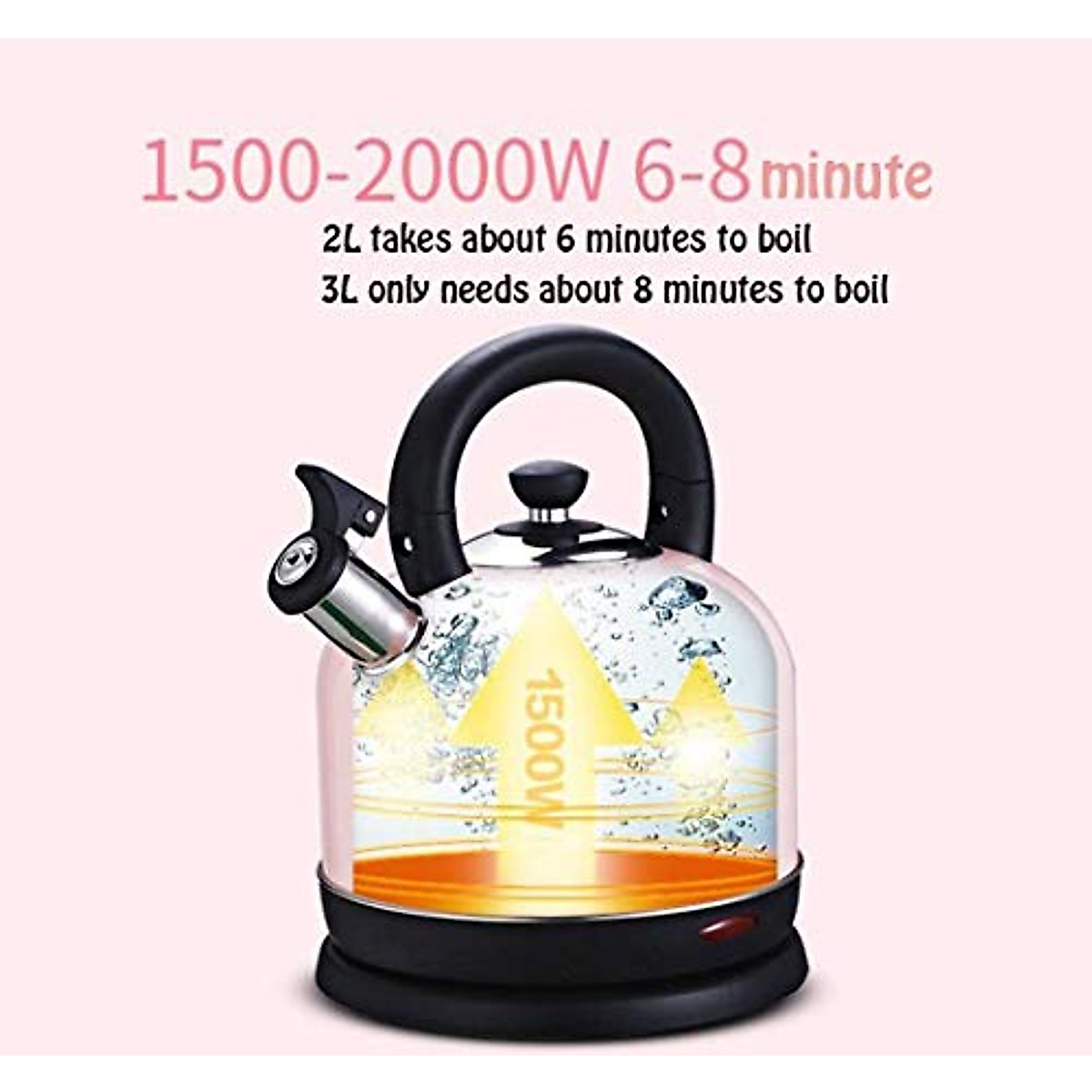 -3L Stainless Inner Lid Electric Kettle2000W Cordless Tea Kettle,Fast Boiling Hot Water Kettle with Auto Shut Offwith Boil Dry Protection,Double Walled Insulation/Red/Yellow