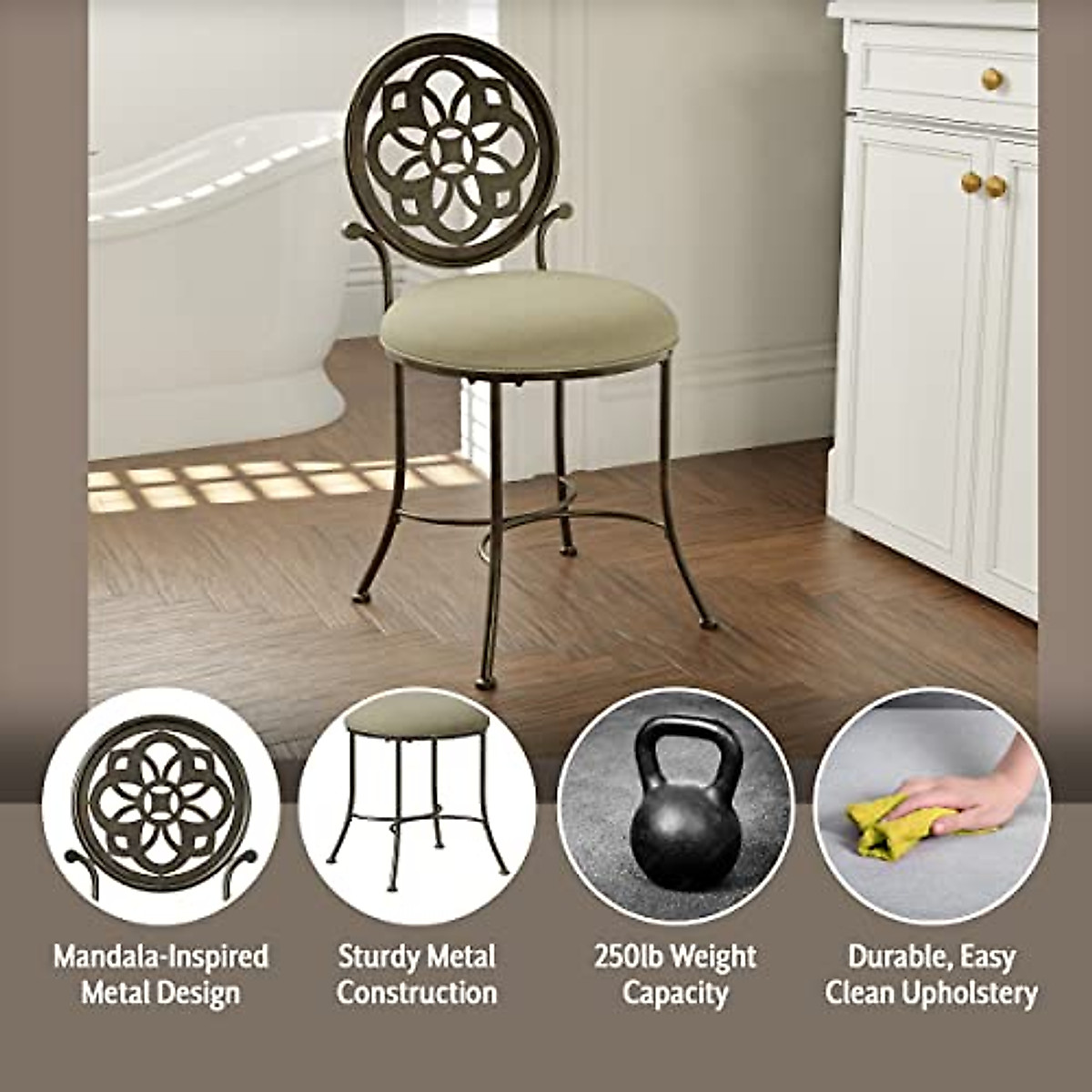 Hillsdale Furniture Marsala Vanity Stool, Gray with Brown highlighting with Cream Fabric