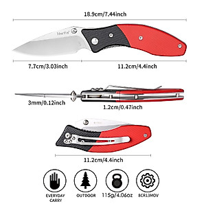 Folding Pocket Knife, 3 inch 8Cr13MoV Stainless Steel Blade, Safety Liner Lock, Pocket Clip, Manual Opening, G10 Handle, Perfect for Outdoor Camping and Everyday Carry, Black+Red