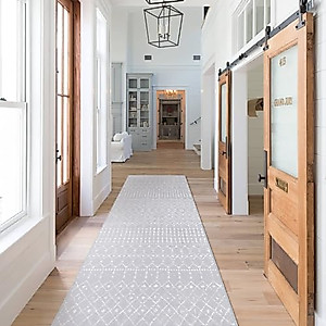 LIVEBOX Washable Grey 2.5x8 Runner Rug Non-Slip for Entryway, Neutral Moroccan Kitchen Rug Long Hallway Rug Runner, Boho Geometric Low-Pile Carpet Throw Rug for Bathroom Laundry Room