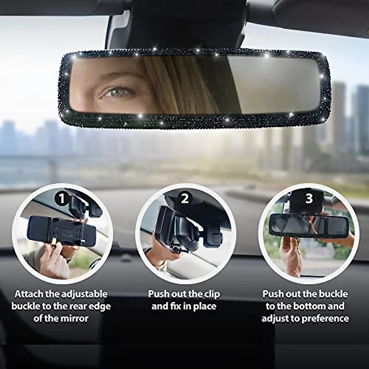 KIWEN Bling Car Rear View Mirror, Car Rear View Mirror with Crystal Diamonds Bling Rhinestones Women Girl Gift, Car Accessories Car Interior Trim (Black Rhinestone)