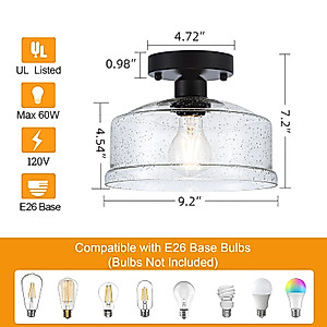 TSMKLEDAN Semi Flush Mount Ceiling Light, Modern Light Fixture Ceiling Mount with Seeded Glass Shade, Black Farmhouse Light Fixtures for Hallway Porch Bedroom Corridor Kitchen