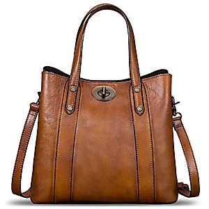 Genuine Leather Handbags for Women Satchel Purses Vintage Handmade Shoulder Bag Cowhide Top Handle Handbag Totes (Brown)