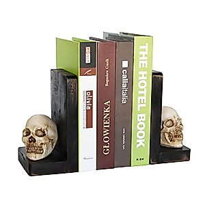 OwlGift Decorative Halloween Skull Bookends, Heavy Duty Bookends for Shelves, Skull Book Ends for Heavy Books, Book Shelf Holder Home Office Desktop Organizer (1 Pair)