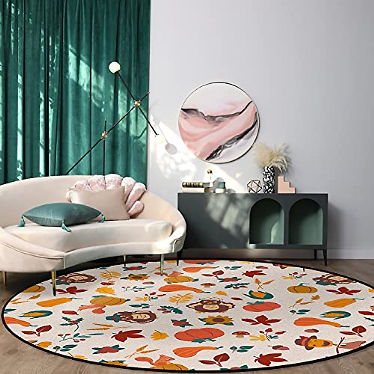 Thanksgiving Area Rug Round Diameter 3.3ft, Decorative Floor Carpets Circle Mats, Washable Felt Rugs for Bedroom, Living Room, Nursery, Office, Pumpkin Maple Leaf Scarecrow Owl Fall
