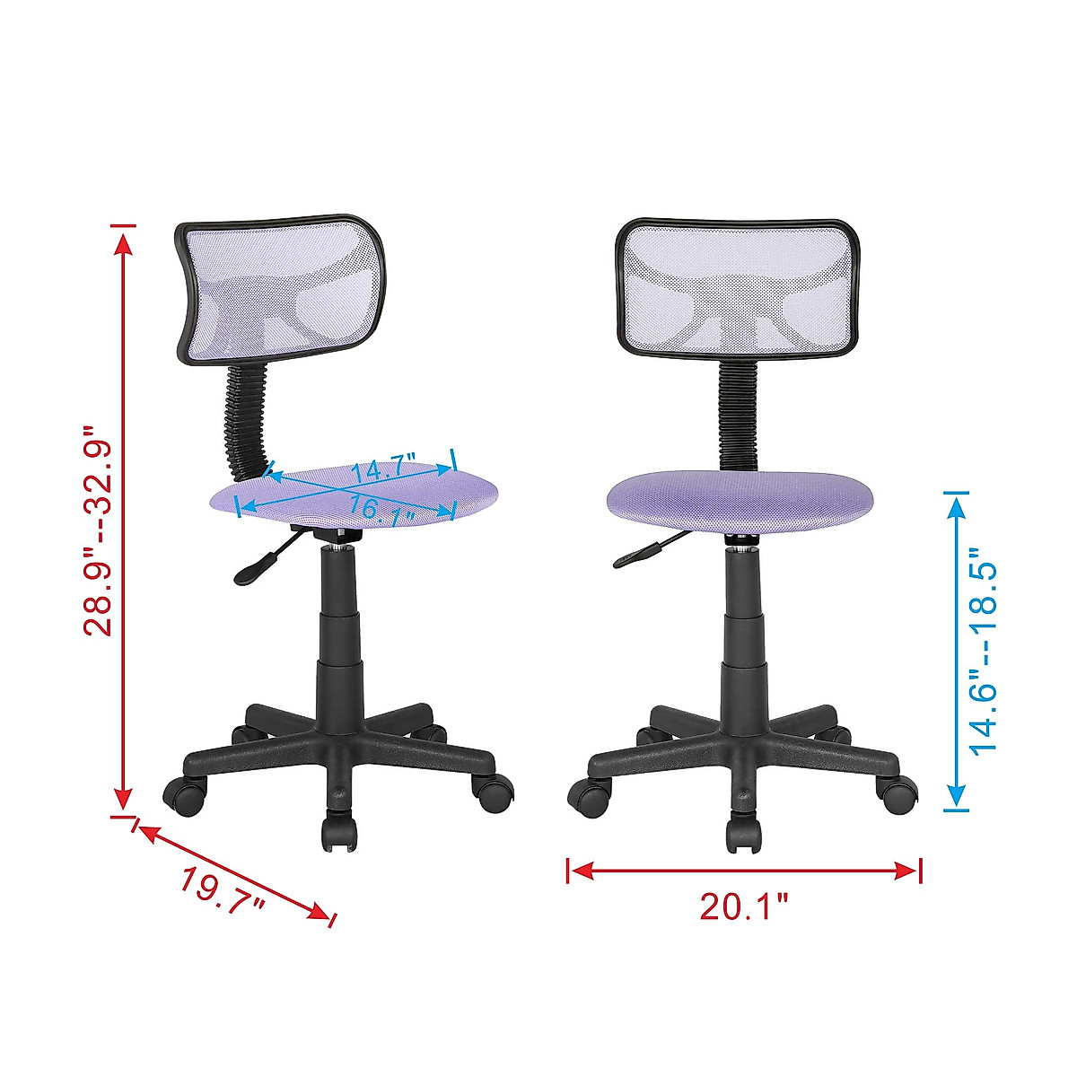 JJS Kids Mesh Rolling Desk Chair, Small Swivel Office Computer Chair for Teens, Low-Back Adjustable Upholstered Student Task Chair, Purple