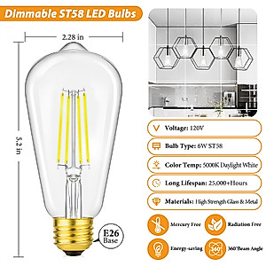 Vintage LED Edison Light Bulbs Dimmable 6W, Equivalent 60W Incandescent, ST58 Antique LED Bulb Daylight White 5000K, LED Filament Bulb E26 Base, CRI 90+, 800lm High Brightness, Clear Glass, Pack of 6