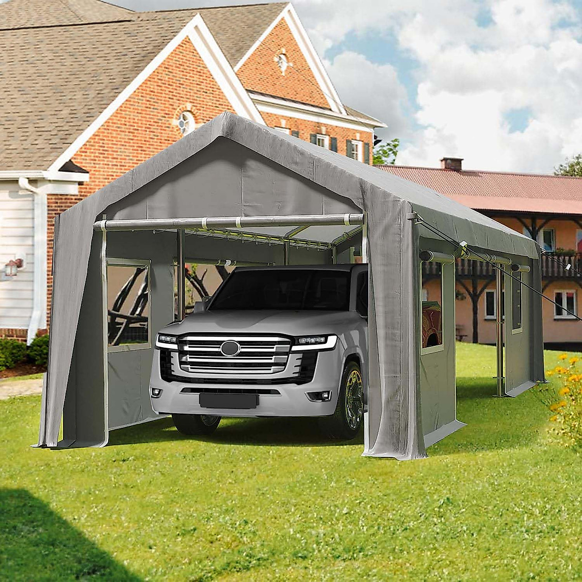 Carport 13'x20' Heavy Duty Portable Garage, 4 Roll-up Doors & 4 Windows Waterproof Carport Canopy for Car Truck Boat, All-Season Tarp,Gray
