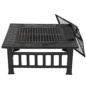 32 Inch Outdoor Fire Pit Square Metal Firepit Table Wood Burning Fireplace with Waterproof Cover Mesh Lid Backyard Patio Garden Bonfire BBQ Grill, Black