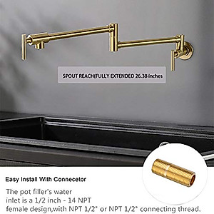 LEETCP Pot Filler Faucet Wall Mount, Brass Material, Brushed Gold Color, with Double Joint Swing Arms, 2 Handles with 2 Cartridges to Control Water (Style Brushed Gold)