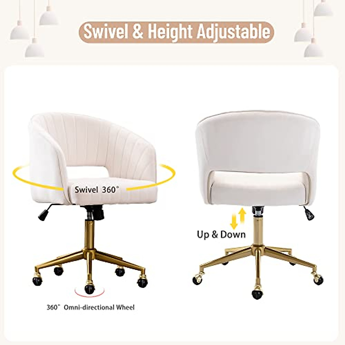 ABET Desk Chair with Wheels, Velvet Home Office Chair, Swivel Armchair with Gold Base, Upholstered Modern Accent Chairs, Back Incline Adjustable for Vanity Living Room Bedroom, Off-White Cream