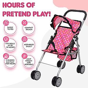 fash n kolor - My First Baby Doll Stroller - Pink Polka Dot Doll Stroller with Basket- Soft Grib Handle. Foldable with Hood Toy Doll Pram Baby Doll Accessories. With 2 Free Bonus Doll Bottles Included