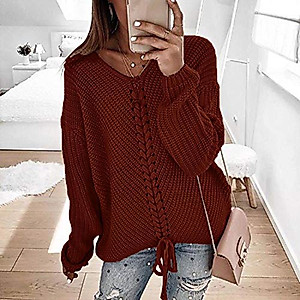 Elegant Womens Oversized Pullover Sweaters Plus Size Cable Knit V Neck Lace Up Long Sleeve Fall Blouse Tops (L,Wine Red)
