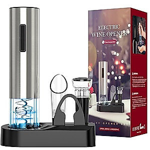 Crenova 6-in-1 Wine Opener Electric Rechargeable Automatic Corkscrew Bottle Opener set with Vacuum Stopper, Aerator Pourer, Foil Cutter, Display Base & USB Charging Cable, Silver