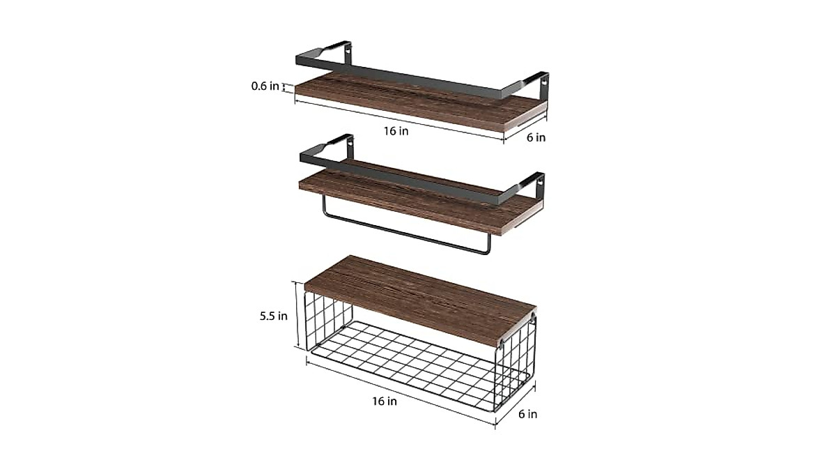 Rustic Floating Shelves with Storage Basket - Set of 3