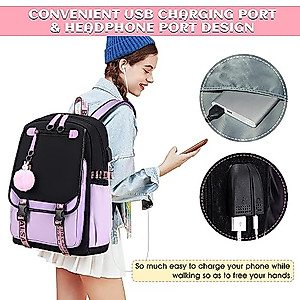 Bevalsa School Backpack for Girls, Girls Backpack with Lunch Box, Bookbag for Girls Kids Elementary Middle High School College Student 21L Casual Daypack Children Schoolbag with USB Charging Port (Purple)