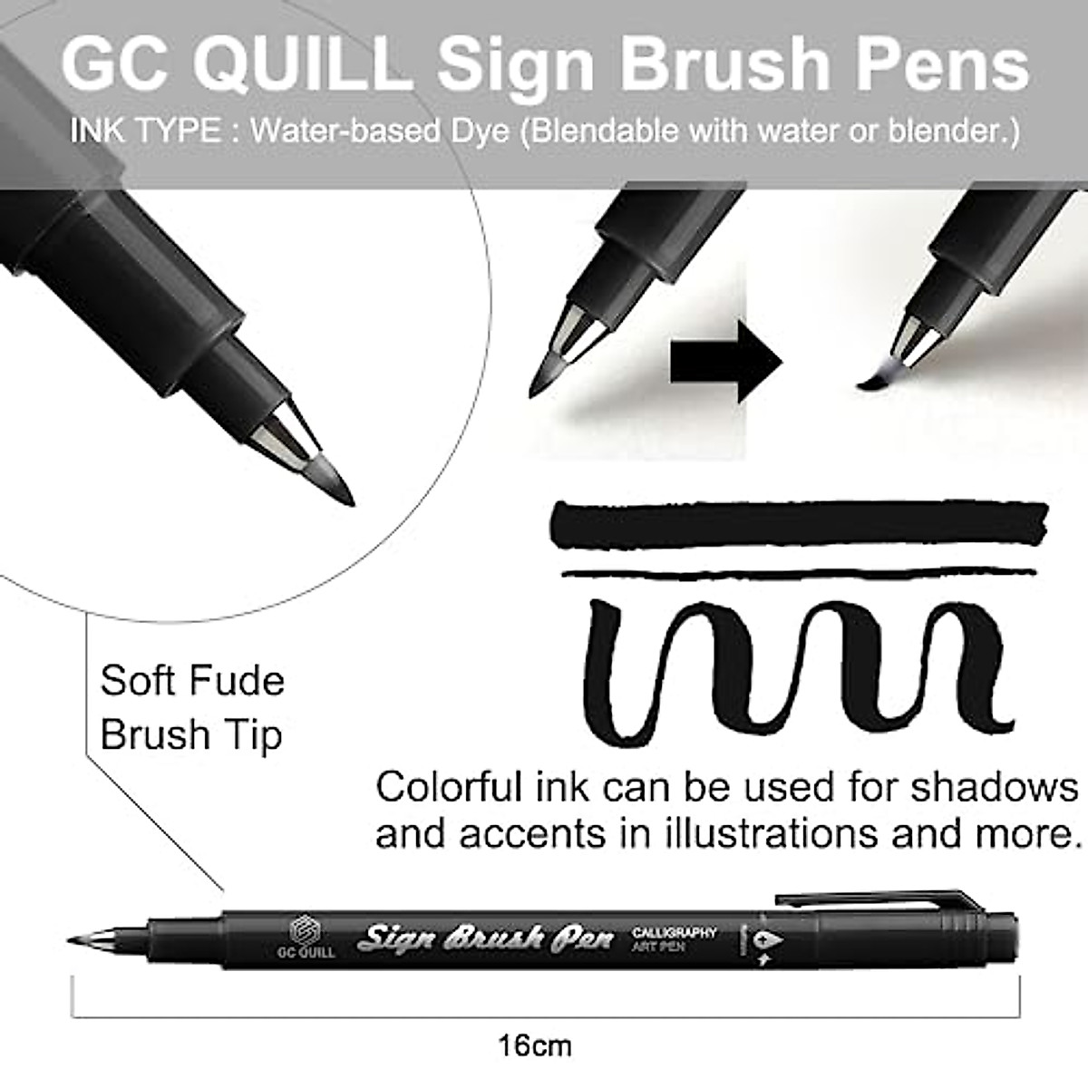 GC QUILL Sign Brush Pens - 16 Colors Sign Pens Calligraphy Set with Fude Sign Brush Tips for Hand Lettering, Calligraphy, Drawing, Writing, Journaling GC-SB16