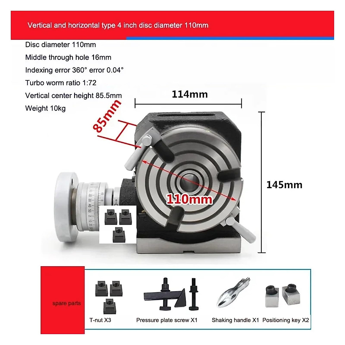 KACOME 4inch 110mm Milling Machine Horizontal Indexing Plate Milling Machine Rotary Table Divider Indexing Vertical Dual-use Turntable(4inch 110mm)