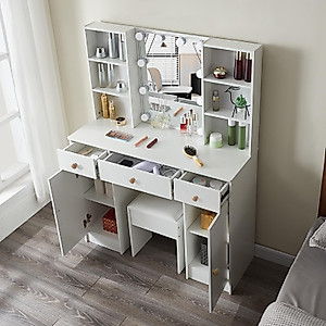 JBLCC Makeup Vanity Desk with Lights Mirror, Large Vanity Desk with Storage Shelf & Drawers,Makeup Vanity Dressing Table with Cushioned Stool for Bedroom (jbl 3072)