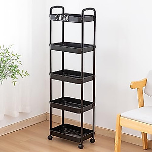 Gagee 5 Tier Rolling Cart with Wheels and Handle,Rolling Storage Cart for Office, Living Room, Laundry Room,Kitchen,Bathroom,Black