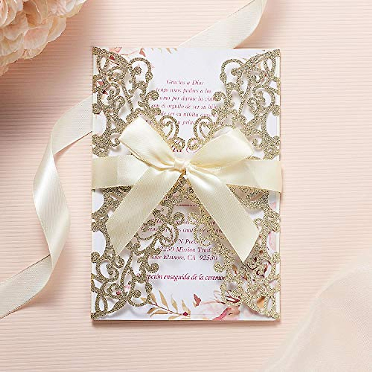AdasBridal 50Pcs Glitter Floral Laser Cut Wedding Invitation Cards with Envelope Blank Inner Sheet and Ribbon for Wedding Engagement Bridal Shower Party Invite(7.09 X 4.92inch, Gold)