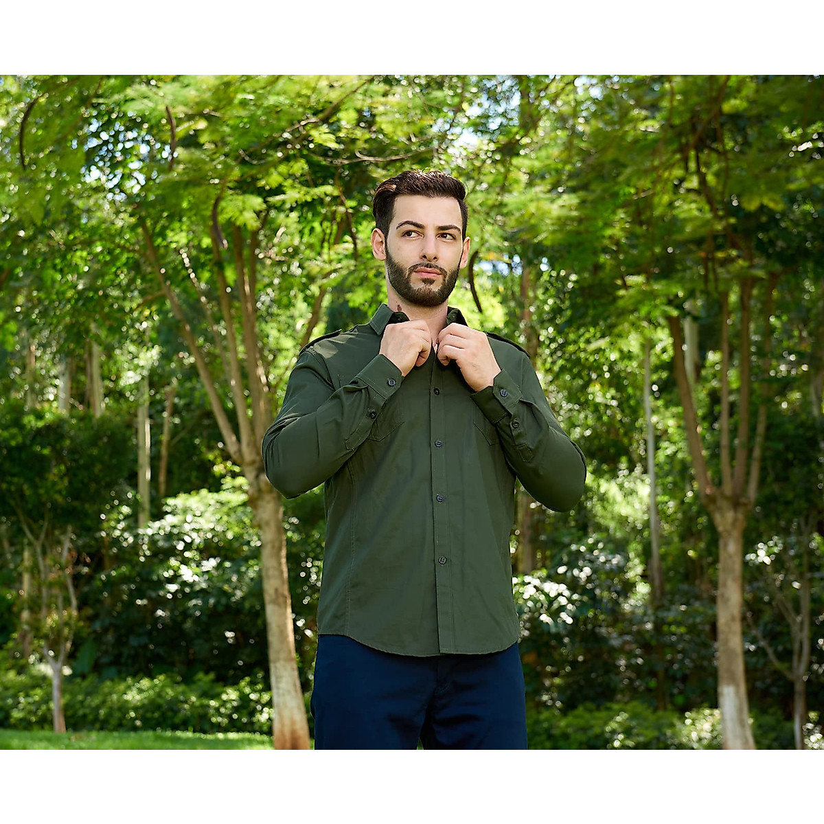 XTAPAN Men's Long Sleeve Casual Slim Fit Button Down Dress Shirt with Two Pockets Asian 5XL=US XL Army Green 6620