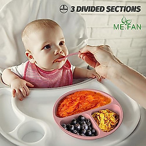 ME.FAN Suction Plates [4 Pack] Toddler Plates for Babies & Toddlers, Food Grade Silicone Baby Plates with Divided Design, Stay Put with 4 Suction Cups for Self Feeding