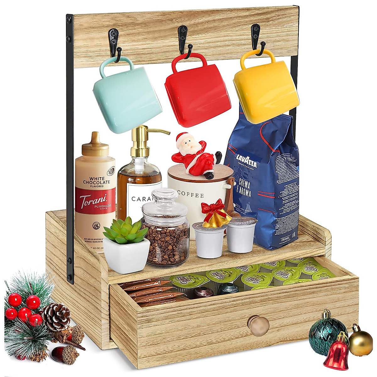 Rustic Coffee Station Organizer for Counter, Wood Coffee Mug Holder Stand with 8 Mug Hooks, Coffee Mug Tree Rack with Drawer and Storage Shelf, Coffee Bar Accessories Organizer Kitchen Storage Racks