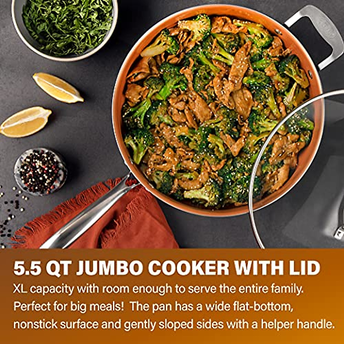 Gotham Steel Nonstick Sauté – 5.5 Quart. Multipurpose Ceramic Jumbo Cooker Fry Pan with Glass Lid, Stay Cool + Helper Handle, Oven, Stovetop & Dishwasher Safe, 100% PFOA Free