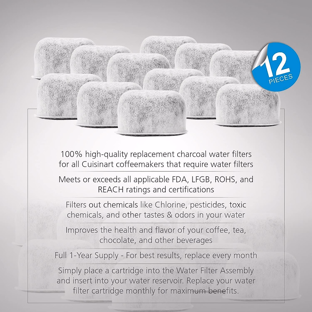 12-Pack Replacement Charcoal Water Filters for Braun Coffee Makers - Fits All Braun BrewSense Drip Series Coffee Machines