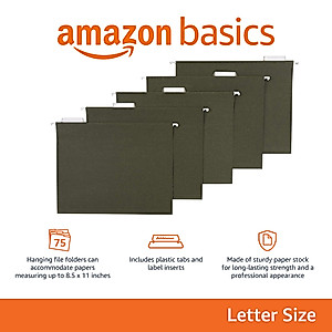 Amazon Basics Hanging File Folders, Letter Size, Standard Green, 1/5-Cut Tabs, 75 per box