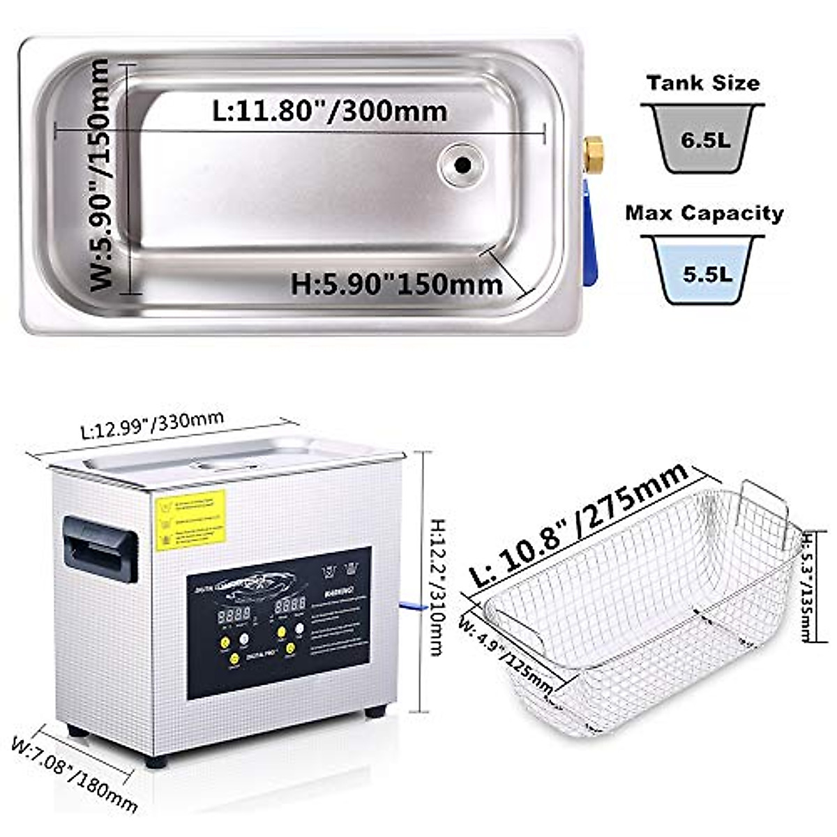 Rio & Dio 6.5L Ultrasonic Cleaner with Digital Timer&Heater Professional 180W Ultrasonic Cleaner for Watch Glasses Tools Instruments Industrial Parts Cleaning