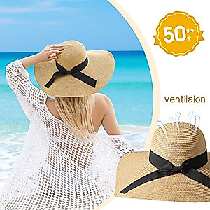 Womens Beach Sun Straw Hat - UV Protection UPF 50+ Sun Hats for Women with Wide Brim, Foldable Floppy Straw Beach Hat for Women