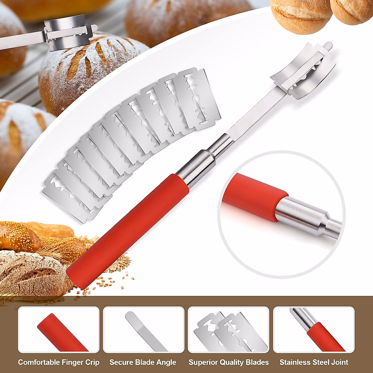 flagood Stainless Steel 18/8 Bread Lame Tool with 10 Replacement Blades Included with Silicone Covered Handle - Dough Scoring knife for Sourdough Bread Slashing with Storage Box