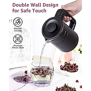 WTJMOV 0.6L Small Electric Tea Kettle Lightweight, Double Wall Hot Water Boiler Stainless Steel Auto Shut-off, 120V Portable Travel Electric Kettle Fast Boil for Tea and Coffee, Black