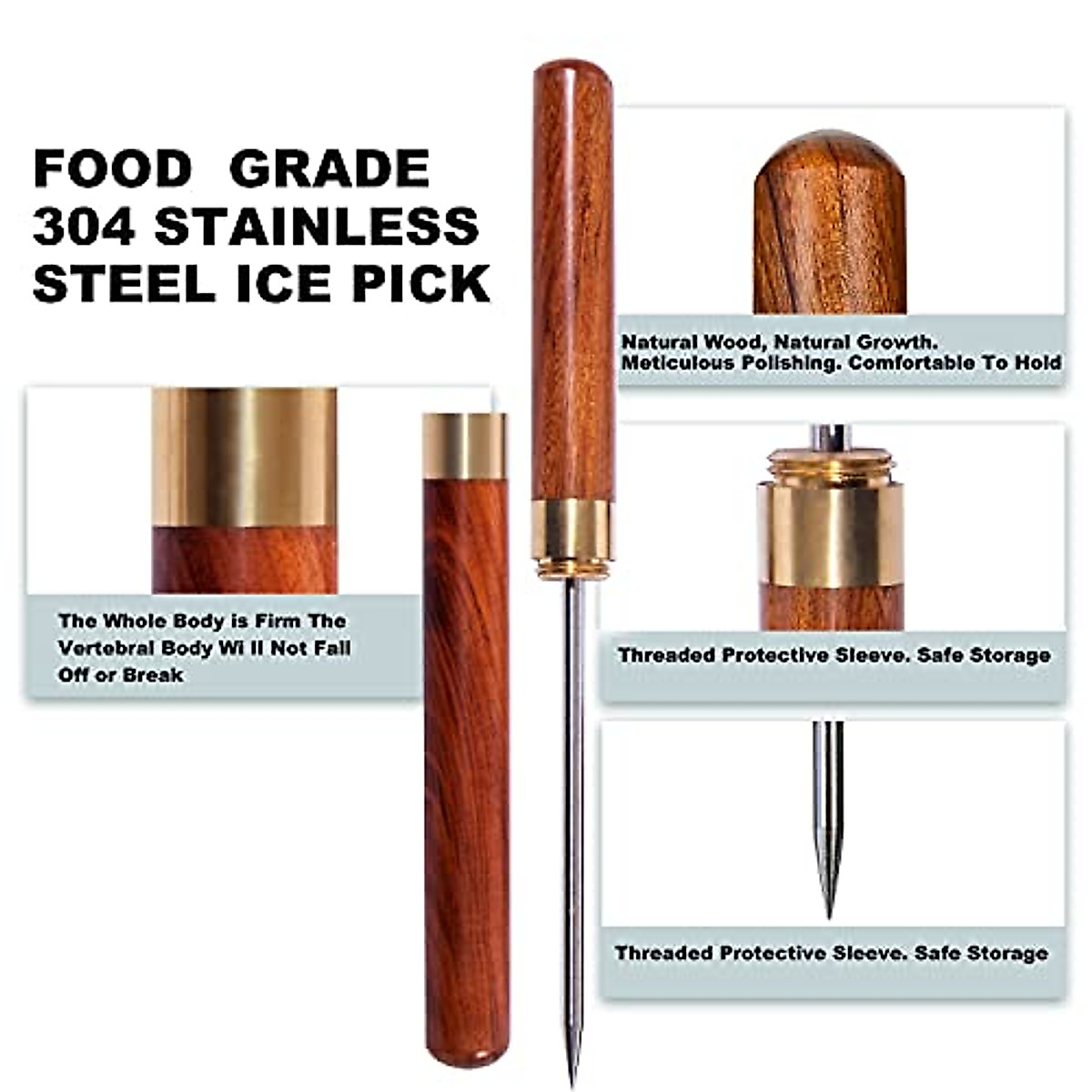 QiBaLee Ice Pick 2Pcs. Ice Picks for Breaking Ice. 9 Inches Length. Secure Wooden Caps and Non-slip Wooden Handles. Easy to Store. For Use in Kitchen Bars Bartender Picnics Camping& Restaurant