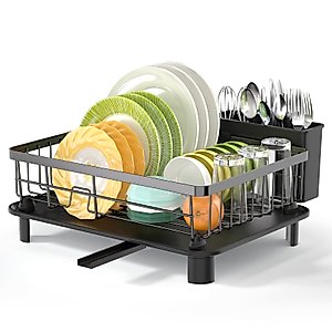 YUWENUS Dish Drying Rack, Space-Saving Dish Rack for Kitchen Counter, Anti-Rusty Stainless Steel Dish Drainer with Utensil Holder, escurridor de platos for Kitchen (Black)
