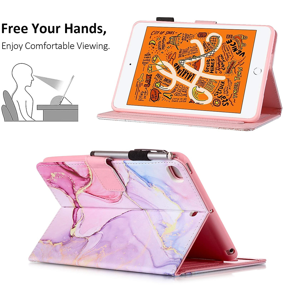 iPad Mini 5 Case Mini 4 Mini 3 2 Cover, FANCITY Smart Wake Sleep Flip Stand Case Soft PU Leather Protective Case with Card Slot Pen Holder for Apple iPad Mini 1 2 3 4 5 - Pink Marble