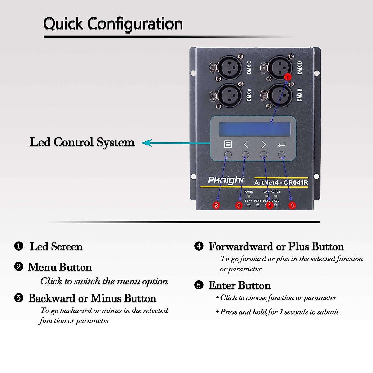 Pknight Bi-direction ArtNet DMX 2048 Ethernet Lighting Controller Interface，4 Universe/Truss Mountable/PoE CR041R