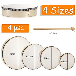 Foraineam 4 Pack Hand Drum 12 Inch 10 Inch 8 Inch 6 Inch Wood Drum Set Musical Educational Percussion Instrument Wooden Frame Drum with Drum Sticks for Home Party Supplies
