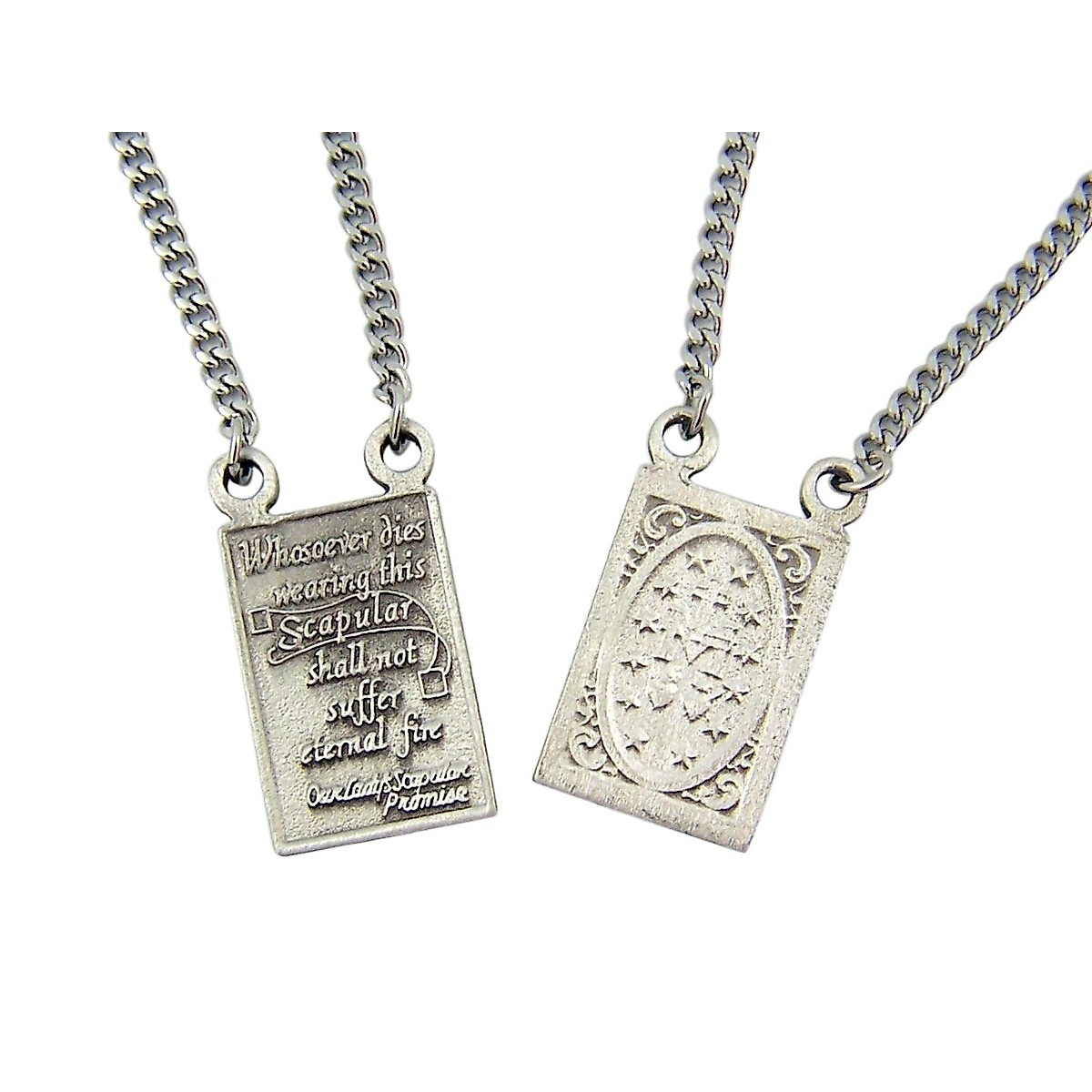 Devotional Scapulars Pewter Scapular Medals with Stainless Steel Rhodium Finished Chain, 18 Inch