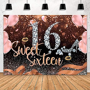 Happy Sweet 16th Birthday Backdrop Balloons High Heel Diamond Banner Backdrop Decorations for Girls Rose Gold Bokeh Sweet 16 Party Supplies Sweet Sixteen Birthday Background Photo Booth Props