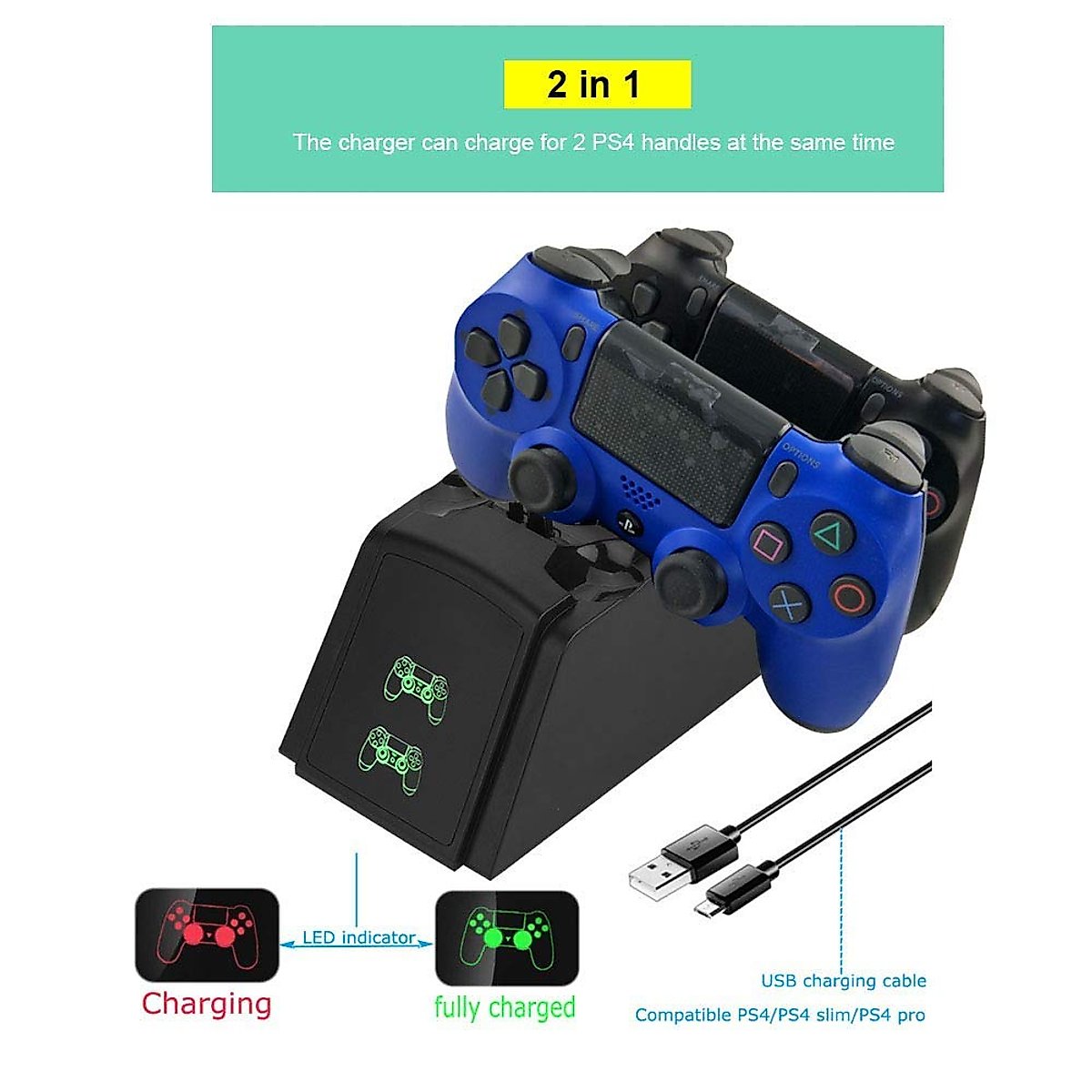 PS4 Controller Charger, 2 in 1 USB Charging Dock PS4 Charging Stand Fast Game Controller Charging Station PS4 Charger for PS4 Handle with LED Light [video game]