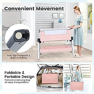 BABY JOY Bassinet, Portable Bedside Crib w/Mattress, Storage Basket, Built-in Pulleys, Adjustable Height & Travel Bag, Bassinet Bedside Sleeper for Newborn Infants (Pink)
