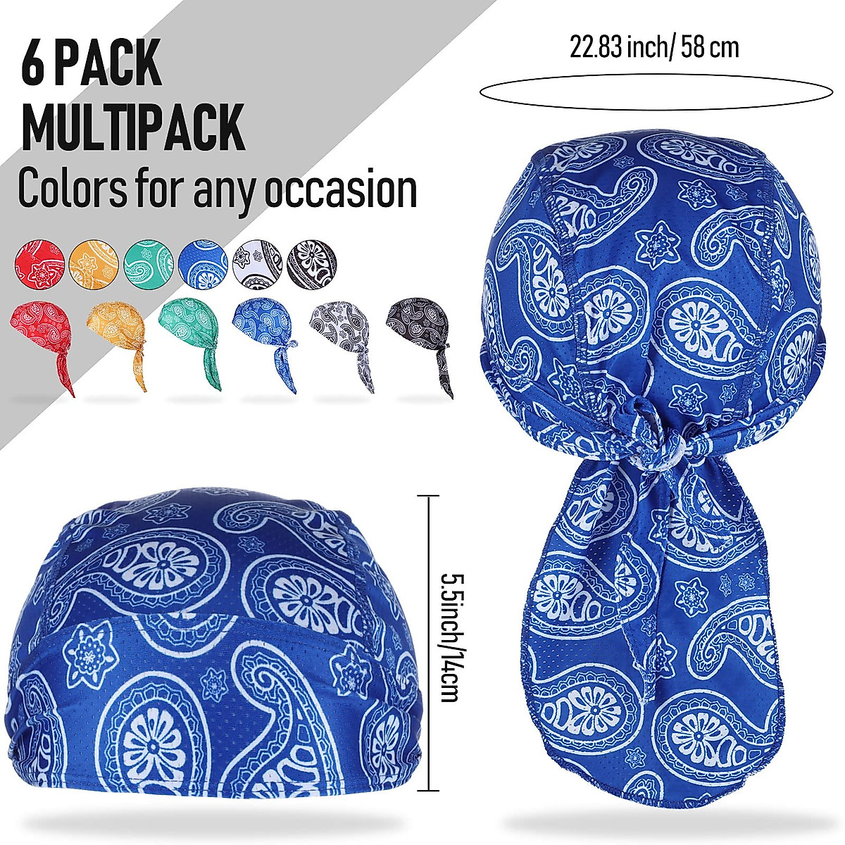 6 Pieces Do Rags Sweat Wicking Beanie Cooling Durags Skull Cap Motorcycle Head Wrap Bandana for Men Women (Paisley)