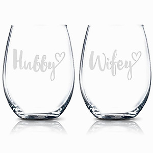 Hubby and Wifey Wine Glasses - Mr and Mrs Wedding Gifts - Engagement Anniversary Gift Couple 20oz